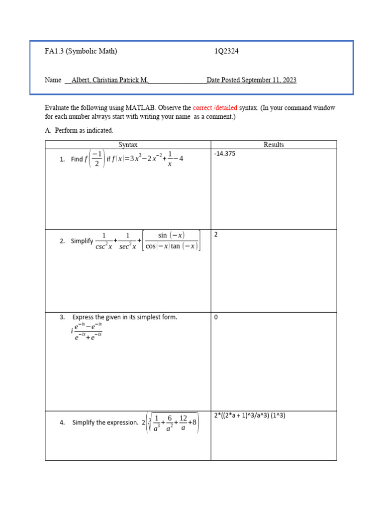 Fa1.3 (M1 Lab 1Q2324) | PDF | Mathematics | Algebra