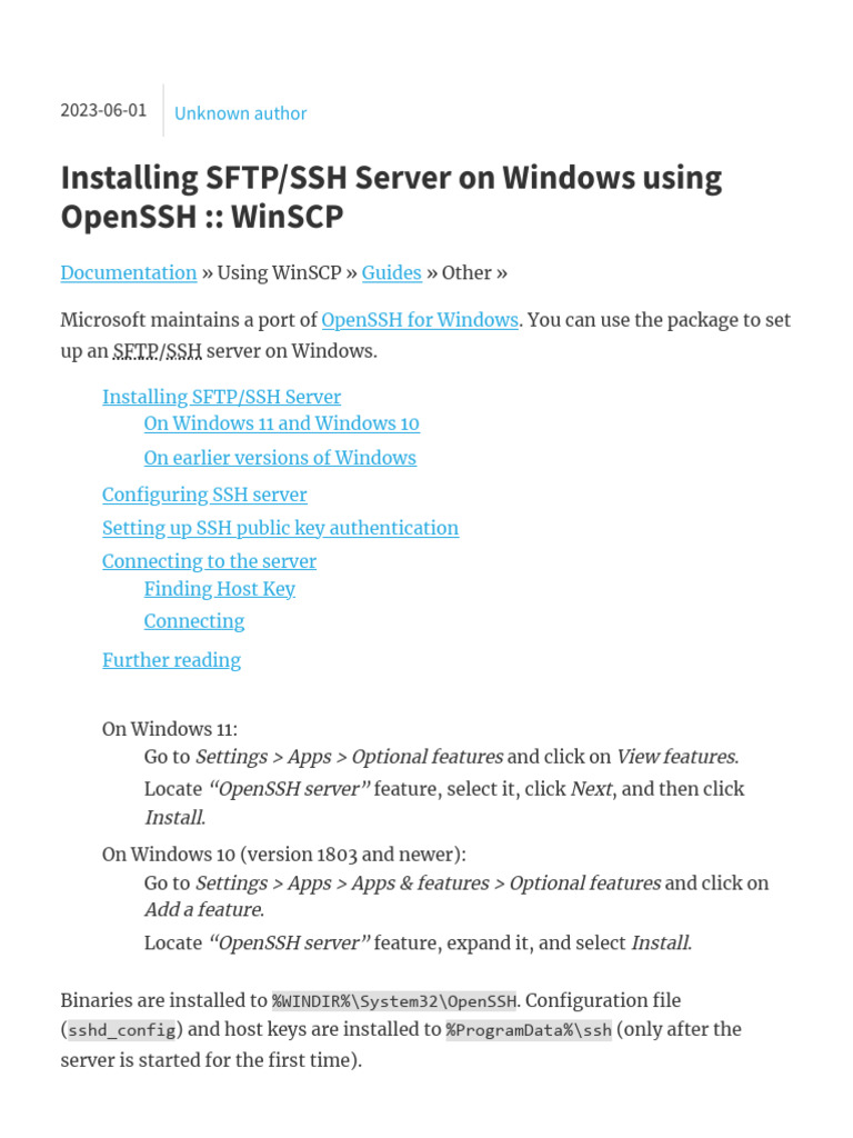 Installing SFTP - SSH Server On Windows Using OpenSSH - WinSCP | PDF | Secure Shell | Microsoft ...