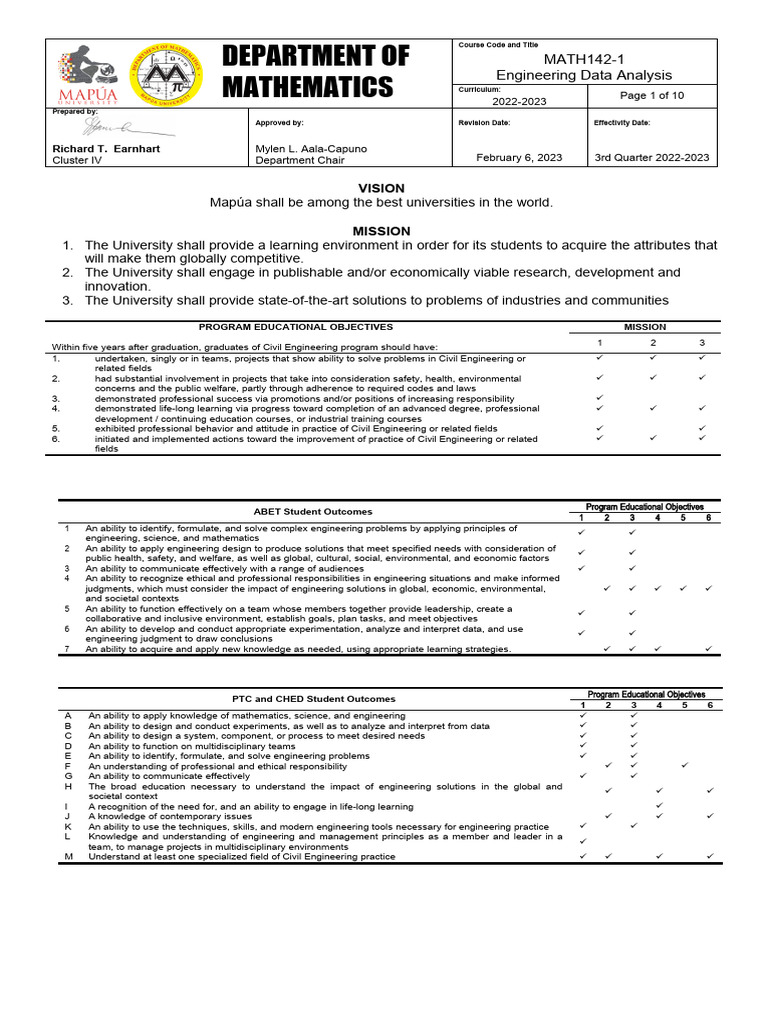 MATH142 1 AY 2022 2023 Q3 Syllabus | PDF | Engineering | Statistics