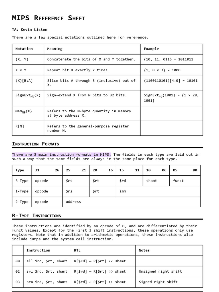 MIPS Reference Sheet | PDF | Computer Architecture | Computer Programming MIPS Reference Sheet | PDF | Computer Architecture | Computer Programming
