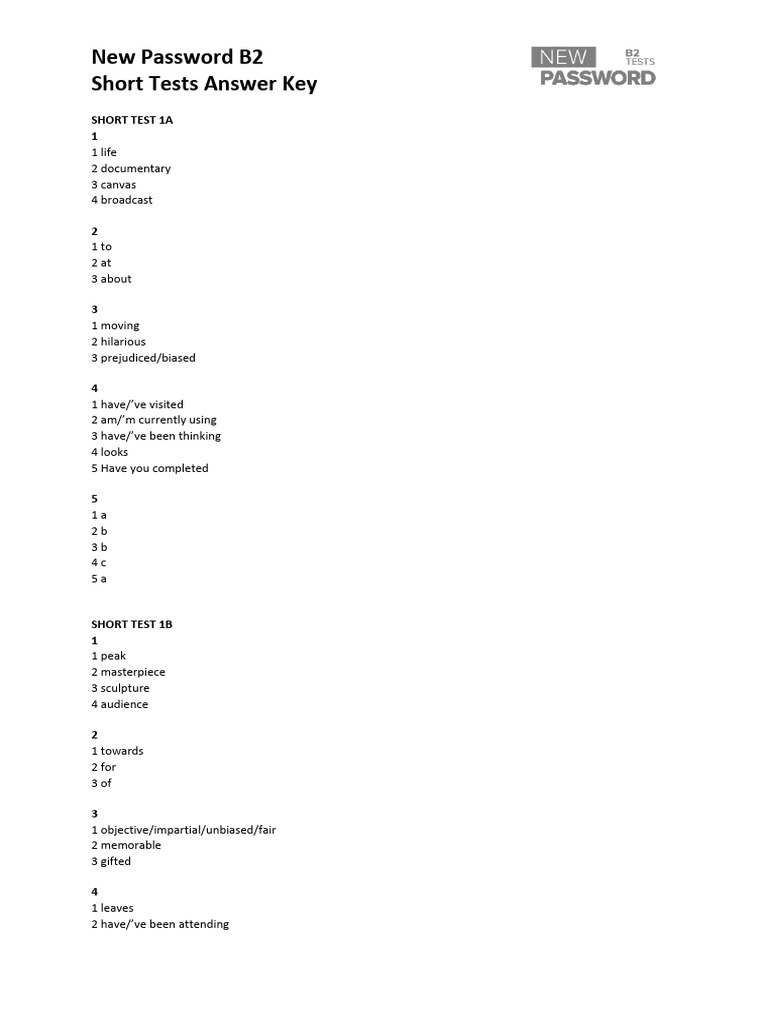 New Password B2 Short Tests Answer Key | PDF | Wellness