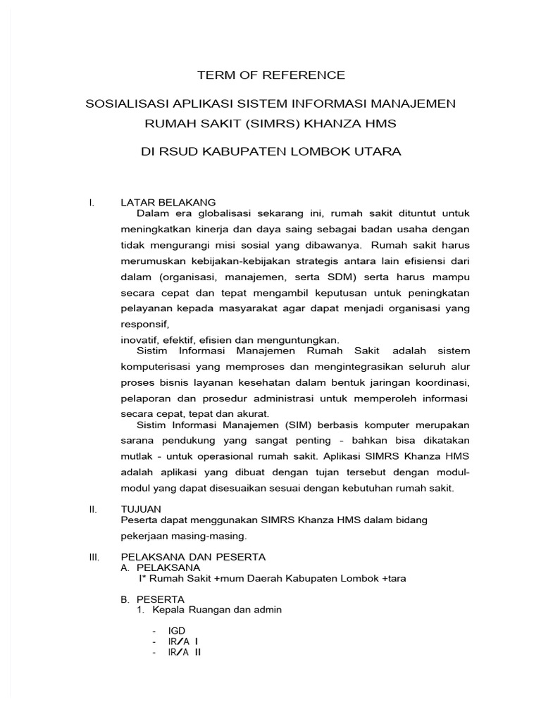 PDF Tor Sosialisasi Simrs | PDF