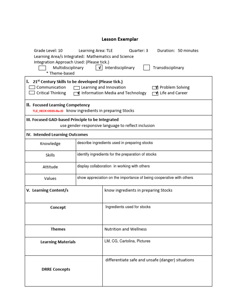 Cookery 9 Exemplar Sample | PDF | Stock (Food) | Cognition