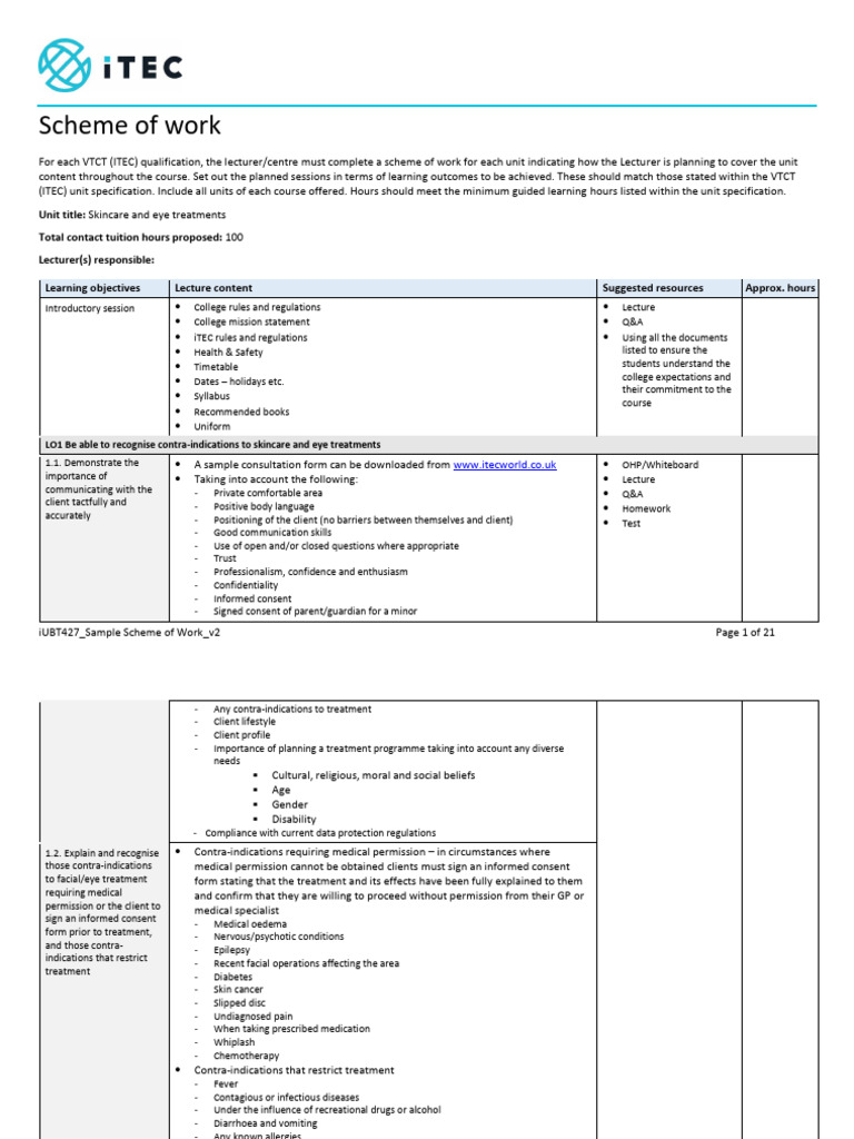 ITEC Facial & Skincare Scheme of Work (Syllabus) | PDF | Lymphatic ...