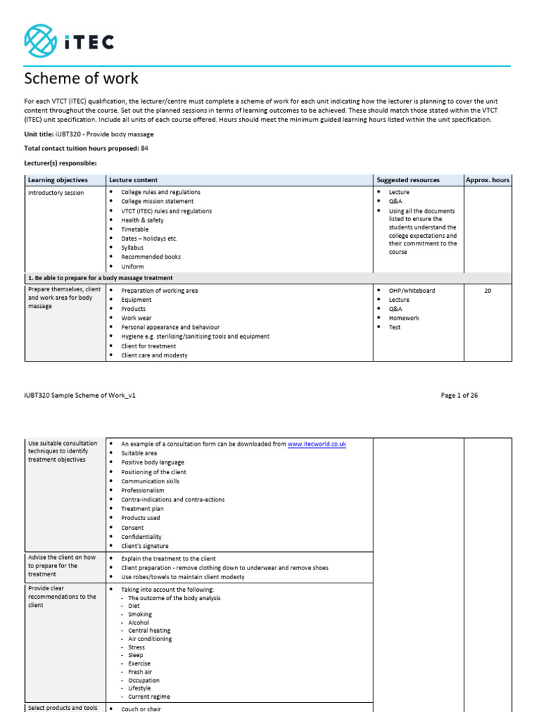 ITEC Body Massage Scheme of Work (Syllabus) | PDF | Human Leg ...