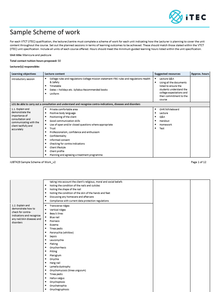 Manicure & Pedicure Scheme of Work Syllabus | PDF | Human Leg | Nail ...