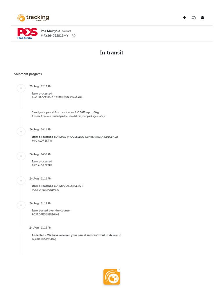 #RY364792019MY - Pos Malaysia - Tracking - My | PDF