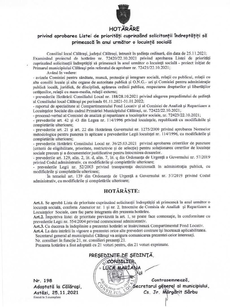 HCL 198 Din 25.11.2021 Lista de Prioritati | PDF