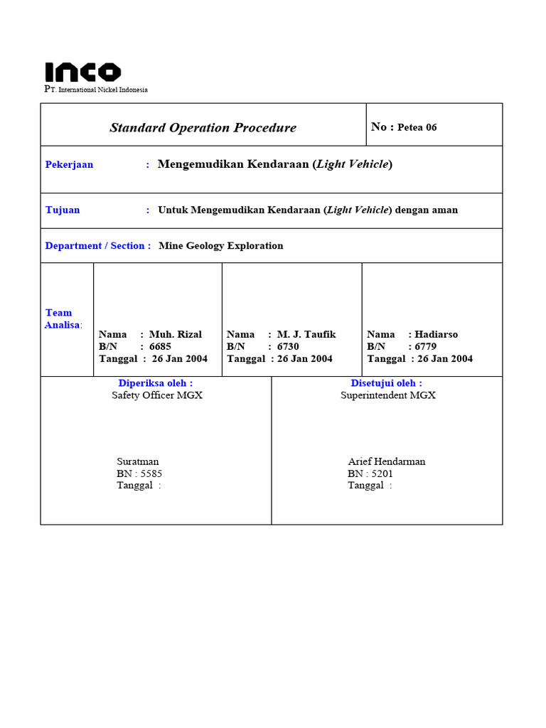 SOP Light Vehicle | PDF