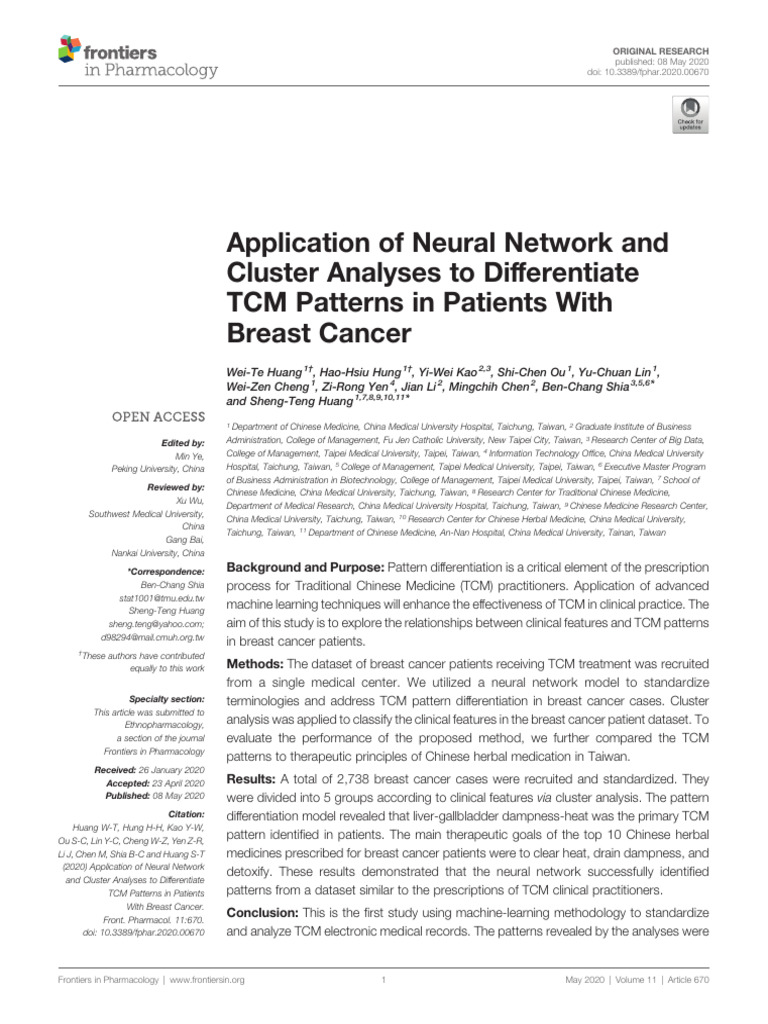 Application of Neural Network and Cluster Analyses To Differentiate TCM ...