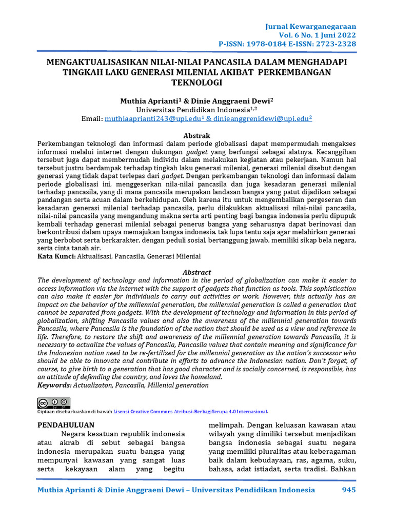 Mengaktualisasikan Nilai-Nilai Pancasila Dalam Menghadapi Tingkah Laku Generasi Milenial Akibat ...