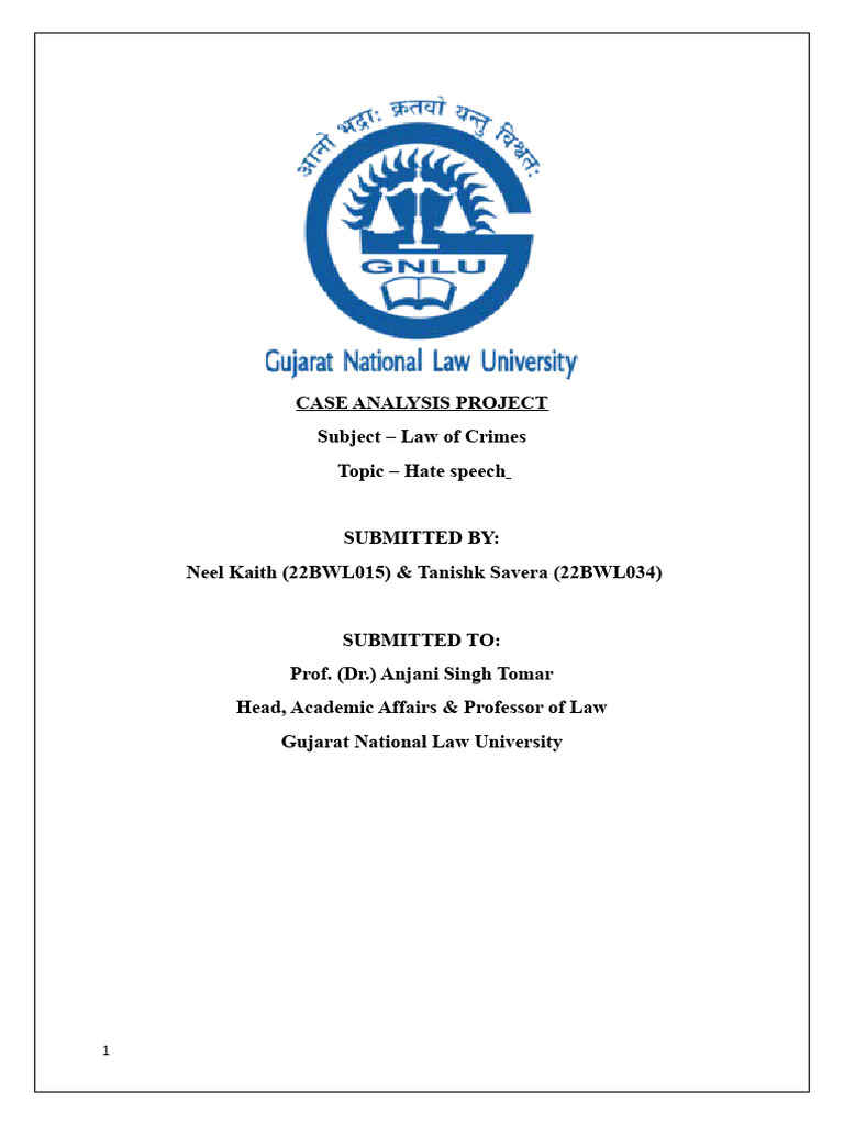 Ipc Case Analysis by Neel Kaith (Gnlu) | PDF | Hate Speech | Hatred