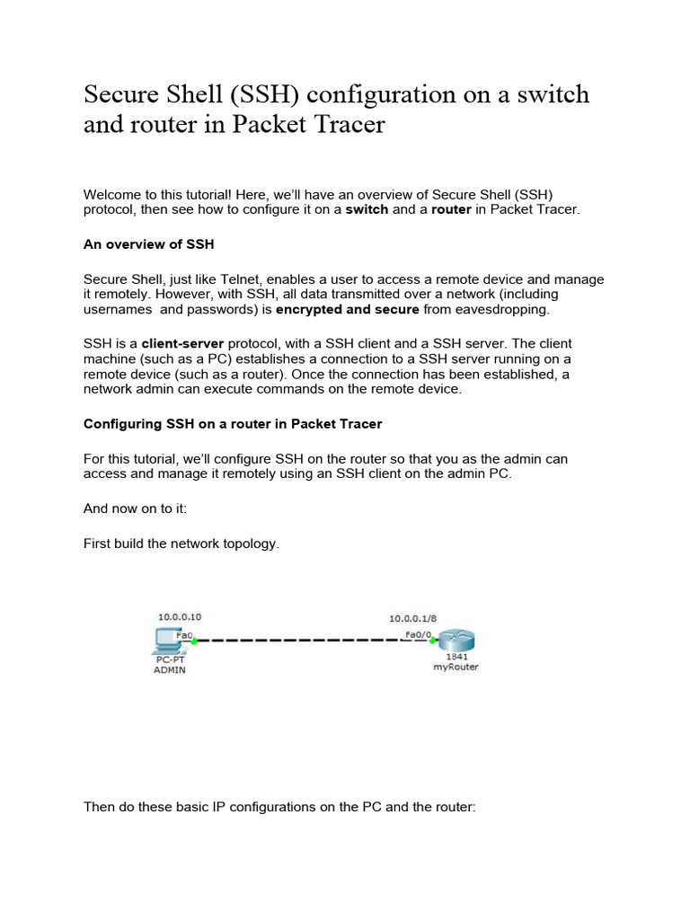 Secure Shell (SSH) Configuration On A Switch and Router in Packet ... Secure Shell (SSH) Configuration On A Switch and Router in Packet ...