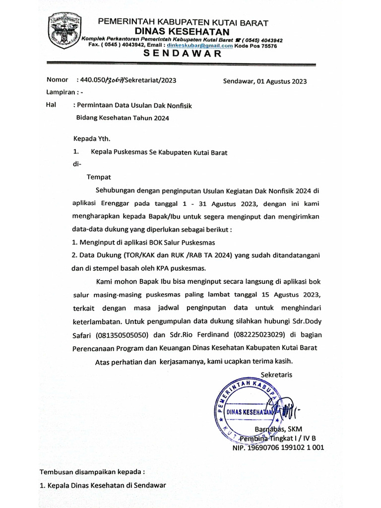 Surat Permintaan Data Usulan Dak Nonfisik Puskesmas 2024 | PDF