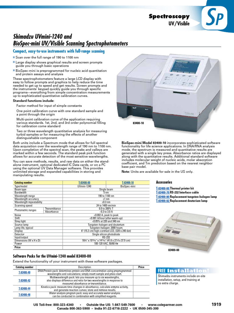 Shimadzu Uvmini-1240 and Biospec-Mini Uv/Visible Scanning Spectrophotometers | PDF ...