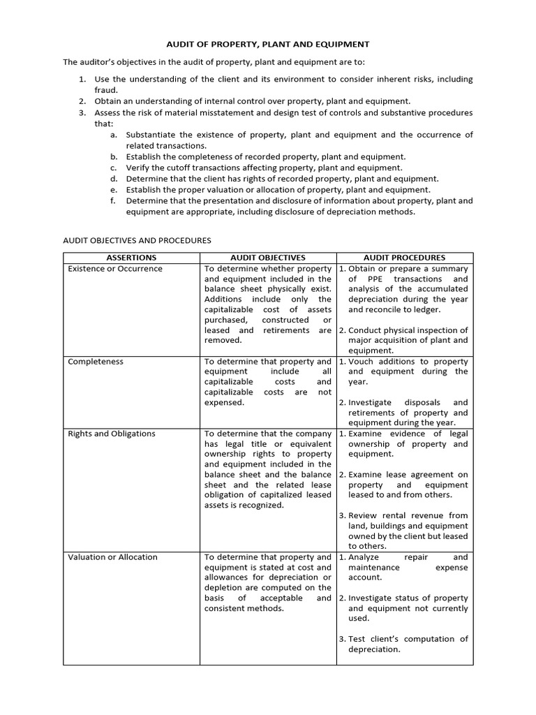 Audit Of Ppe Pdf Depreciation Audit