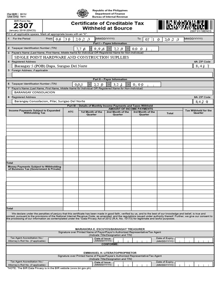 BIR Form 2307: Tax Withheld Certificate | PDF | Withholding Tax ...