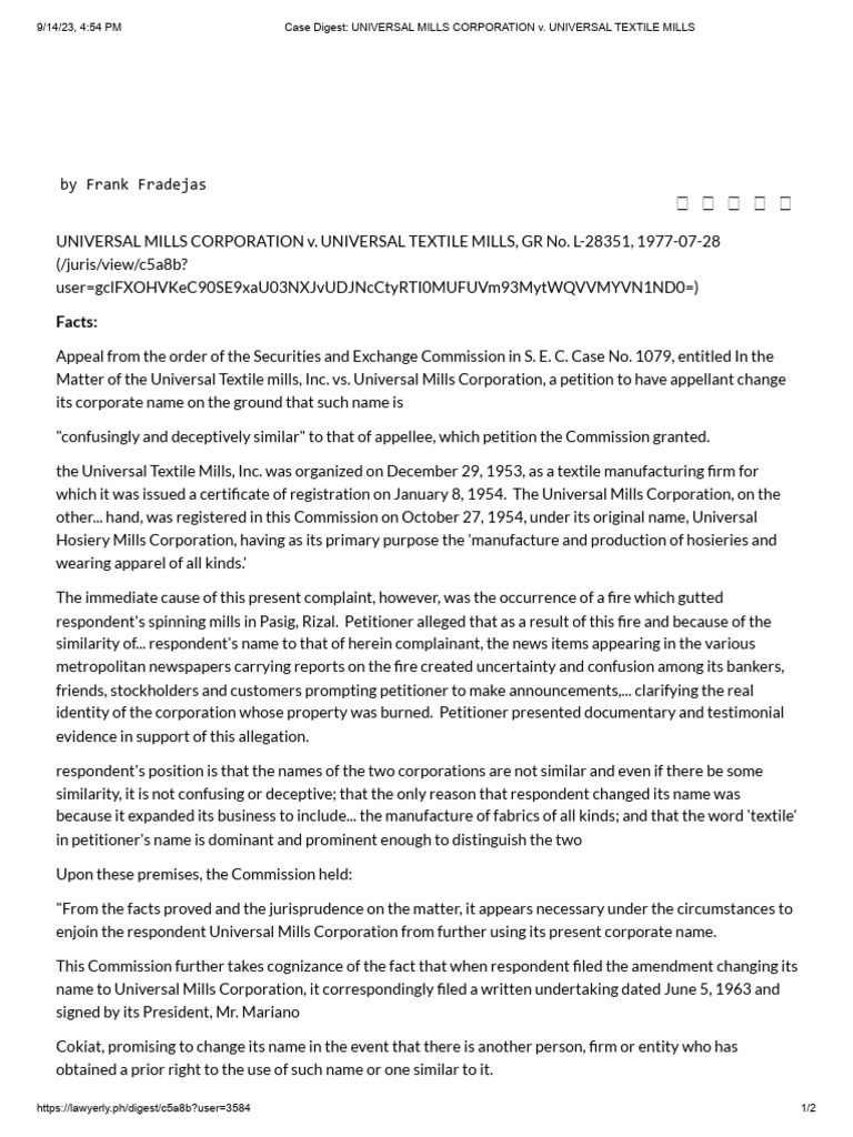 Universal Mills vs. Universal Textile Mills (78 SCRA 62) | PDF ...