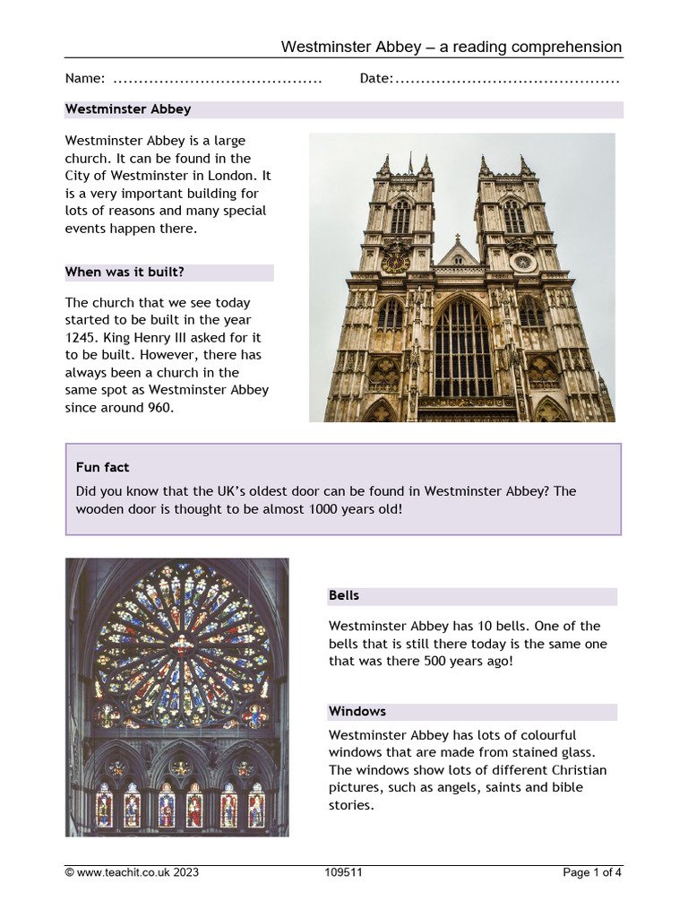 Westminster Abbey Reading Comprehension Teachit 109511 | PDF | Art
