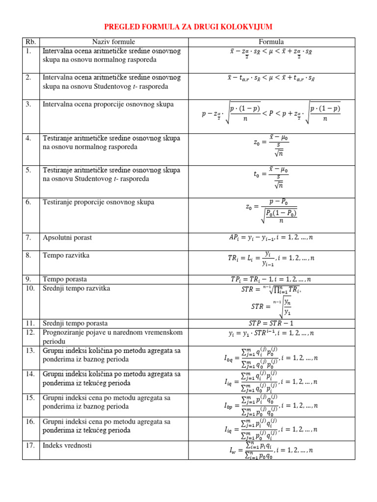 STATISTIKA - Formule Za Drugi Kolokvijum | PDF