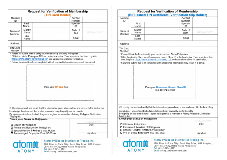 Atomy Philippines Membership Verification Form | PDF | Visa Inc ...