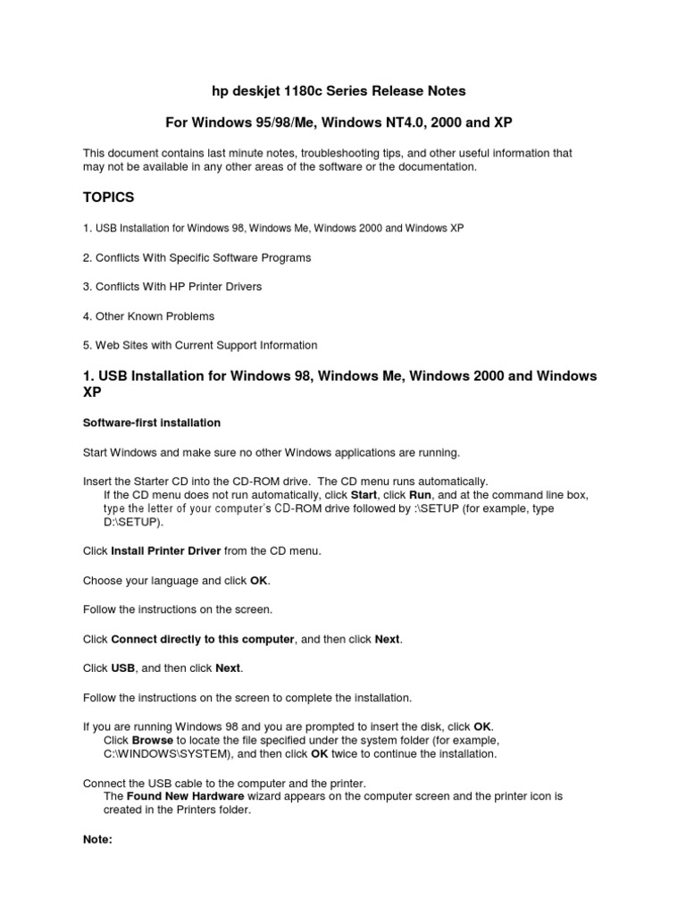 HP Deskjet 1180c Installation Notes | PDF | Installation (Computer ...