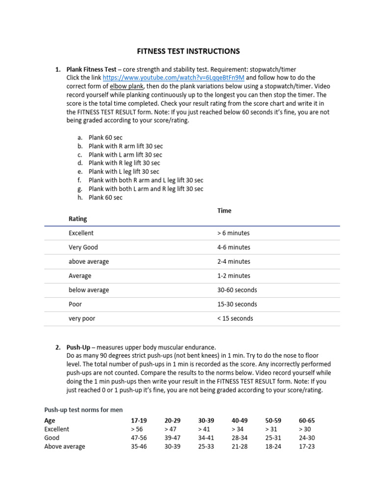 Fitness Test Instructions - Plank, Push-Up, BMI and BF | PDF | Body ...