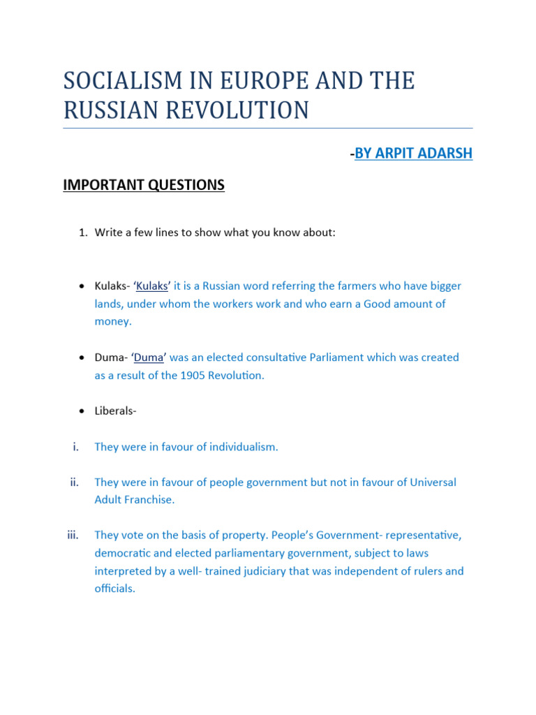Socialism in Europe and The Russian Revolution (Important Questions ...