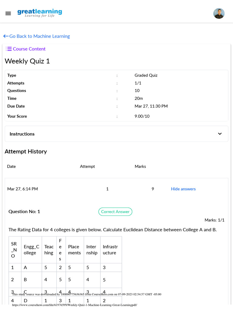 Weekly Quiz 1 Machine Learning Great Learning PDF | PDF | Cluster Analysis | Cybernetics