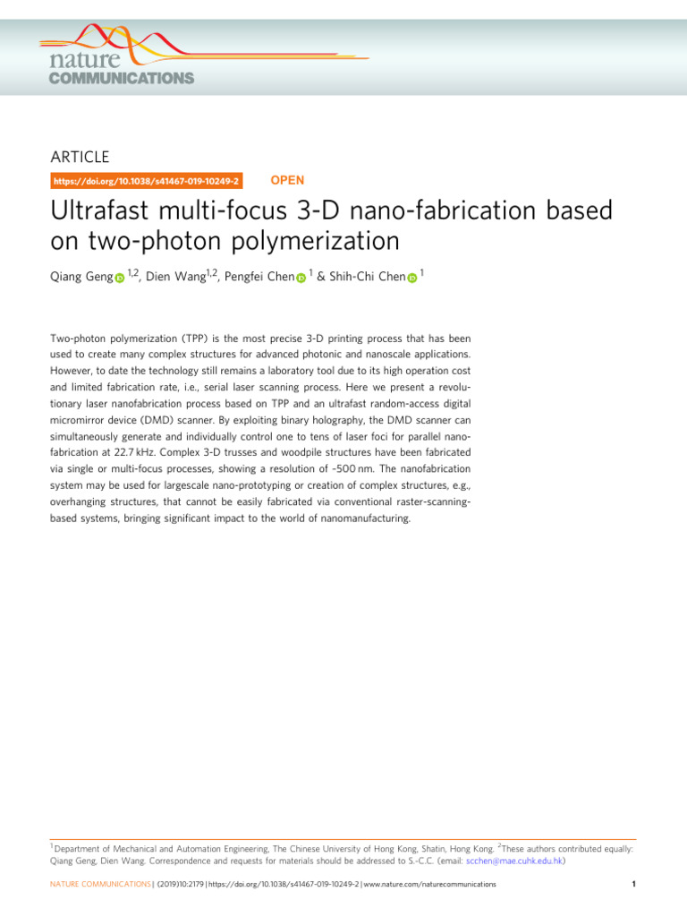 Ultrafast Multi-Focus 3-D Nano-Fabrication Based On Two-Photon Polymerization | PDF | Angular ...