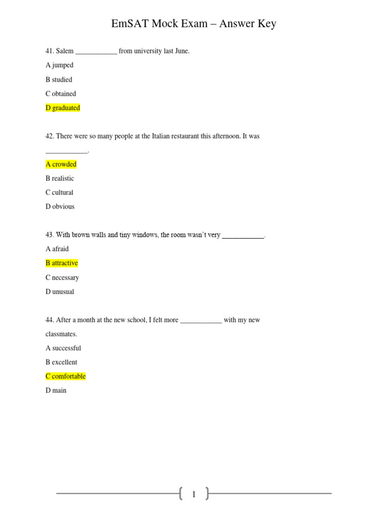 EmSAT English Mock Exam Answers | PDF