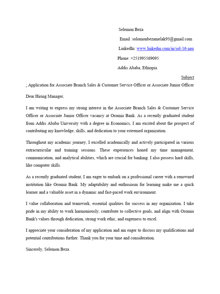 Application Letter Oromia Bank | PDF