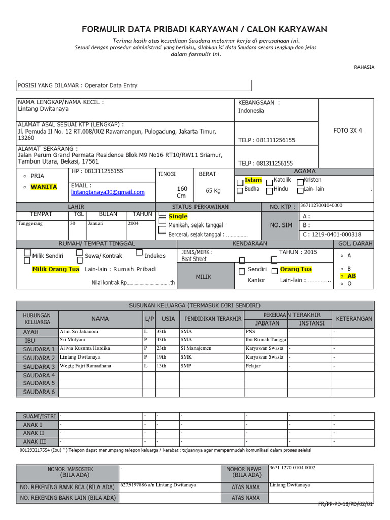 Form Data Calon Karyawan RDS-Group | PDF