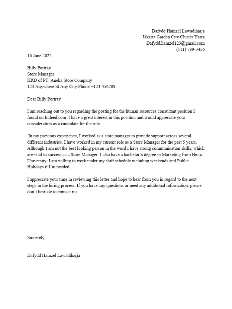 Application Letter As A Store Manager | PDF