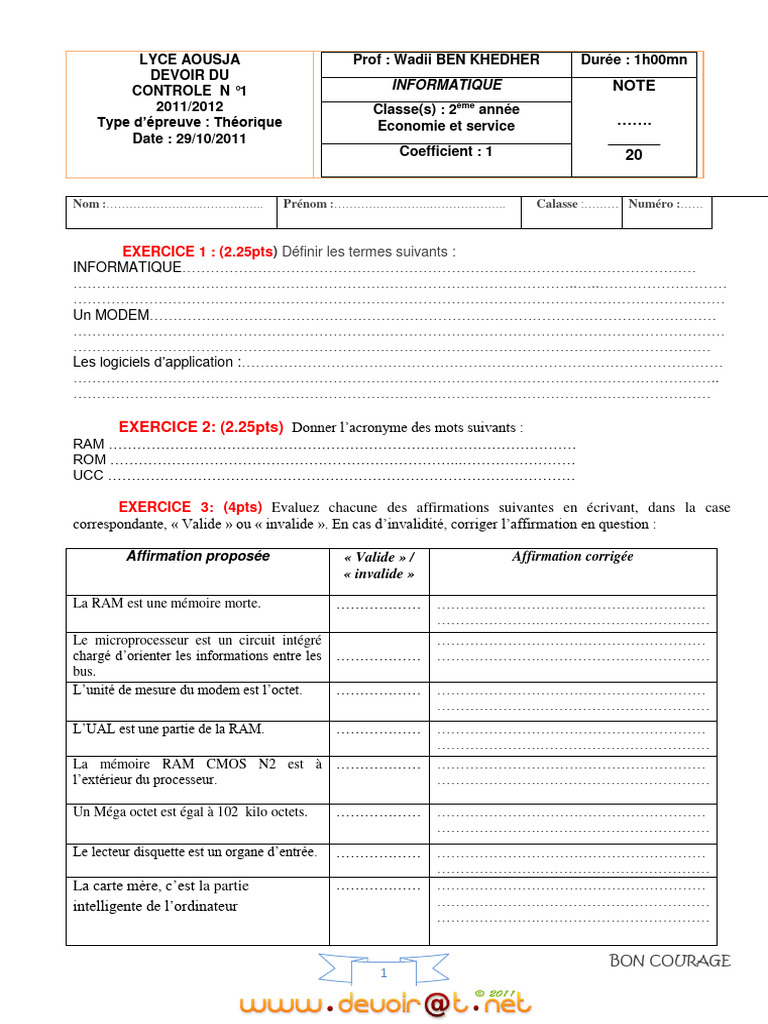 Devoir Théorique Informatique 2ème Année | PDF | Programme informatique ...