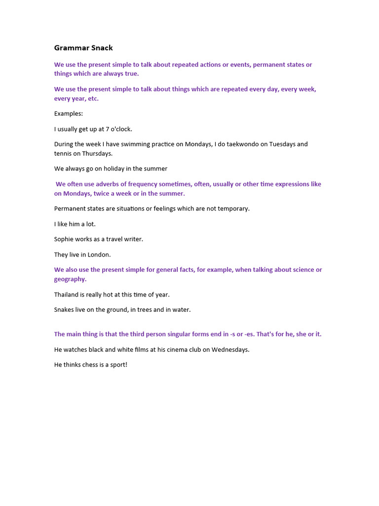 Grammar Snack - Present Simple | PDF | Language Families | Syntax