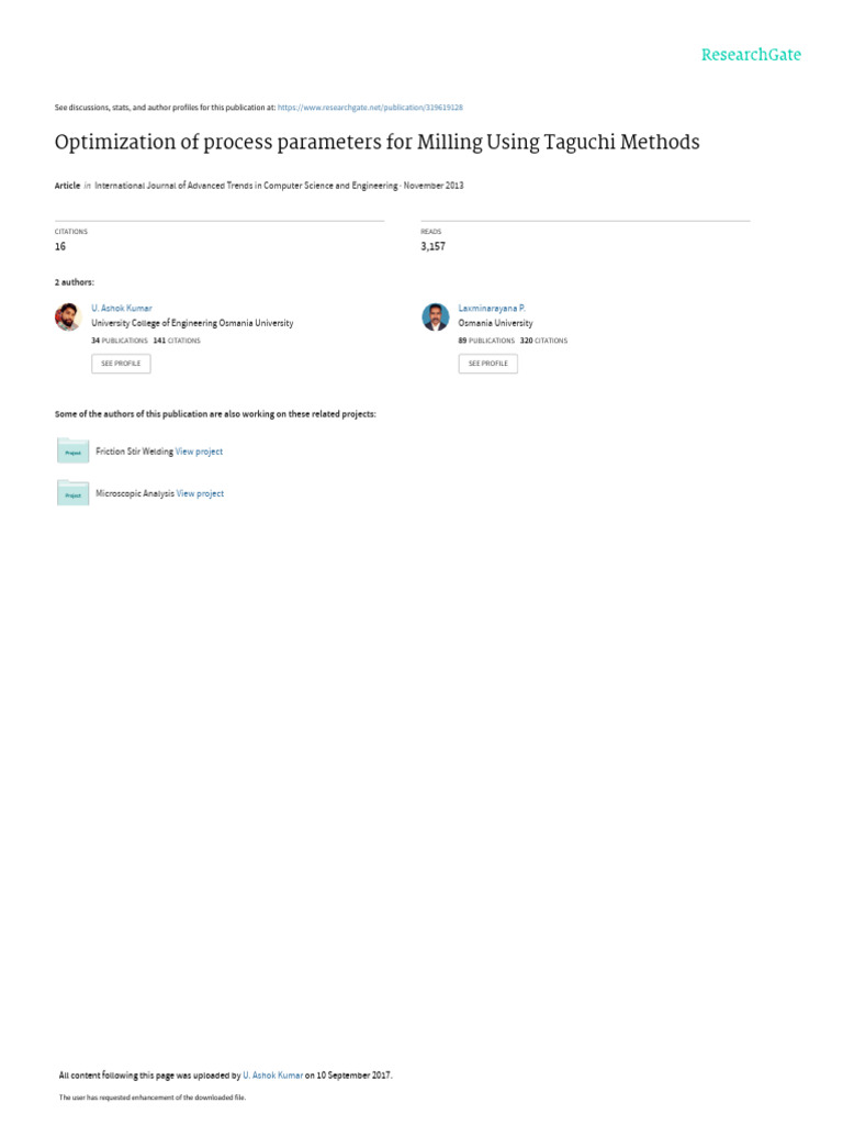 Optimization of Process Parameters For Milling Using Taguchi Methods | PDF | Machining ...