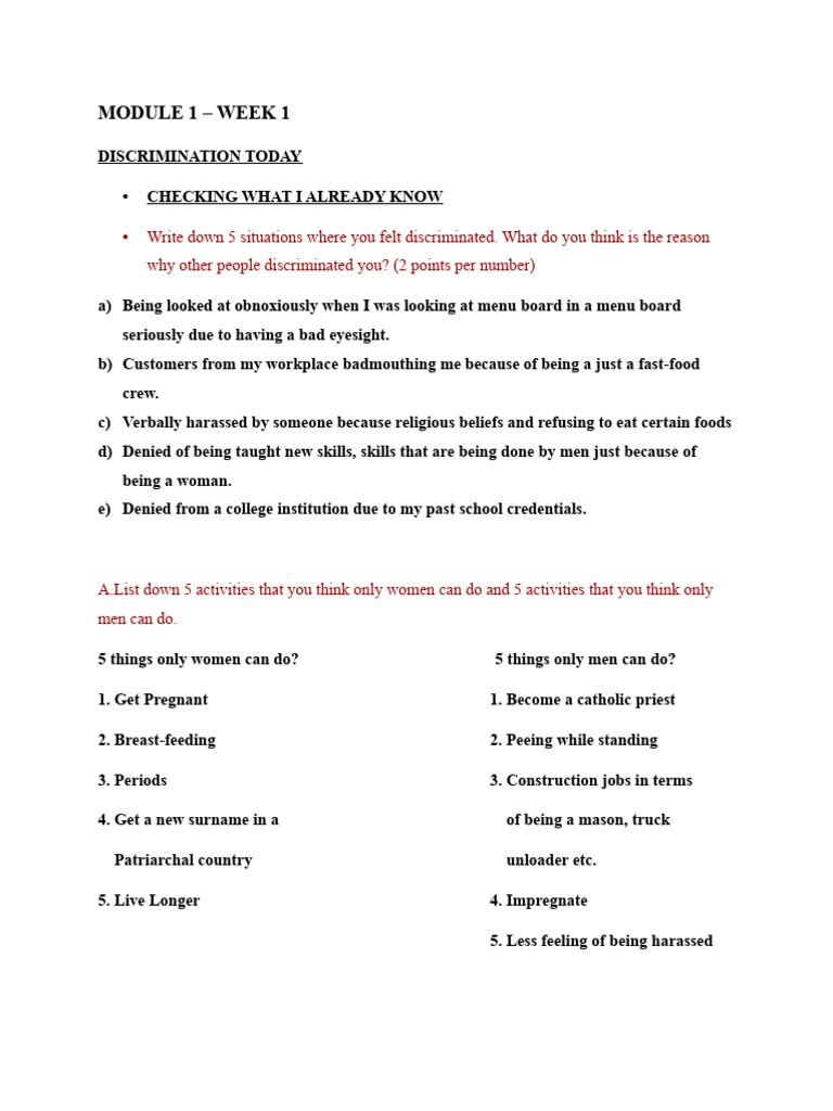 GENDER AND SOCIETY MODULE 1 DISCRIMINATION With Rubric | PDF | Discrimination | Gender Studies