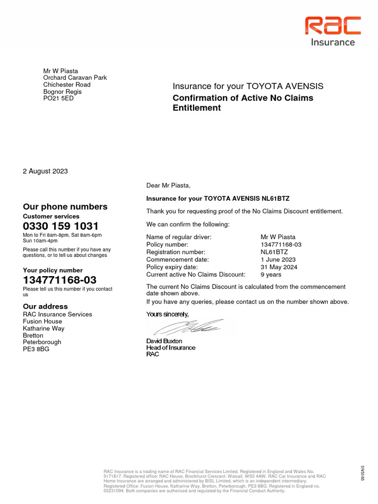 Confirmation of Active No Claims Entitlement: Insurance For Your TOYOTA ...
