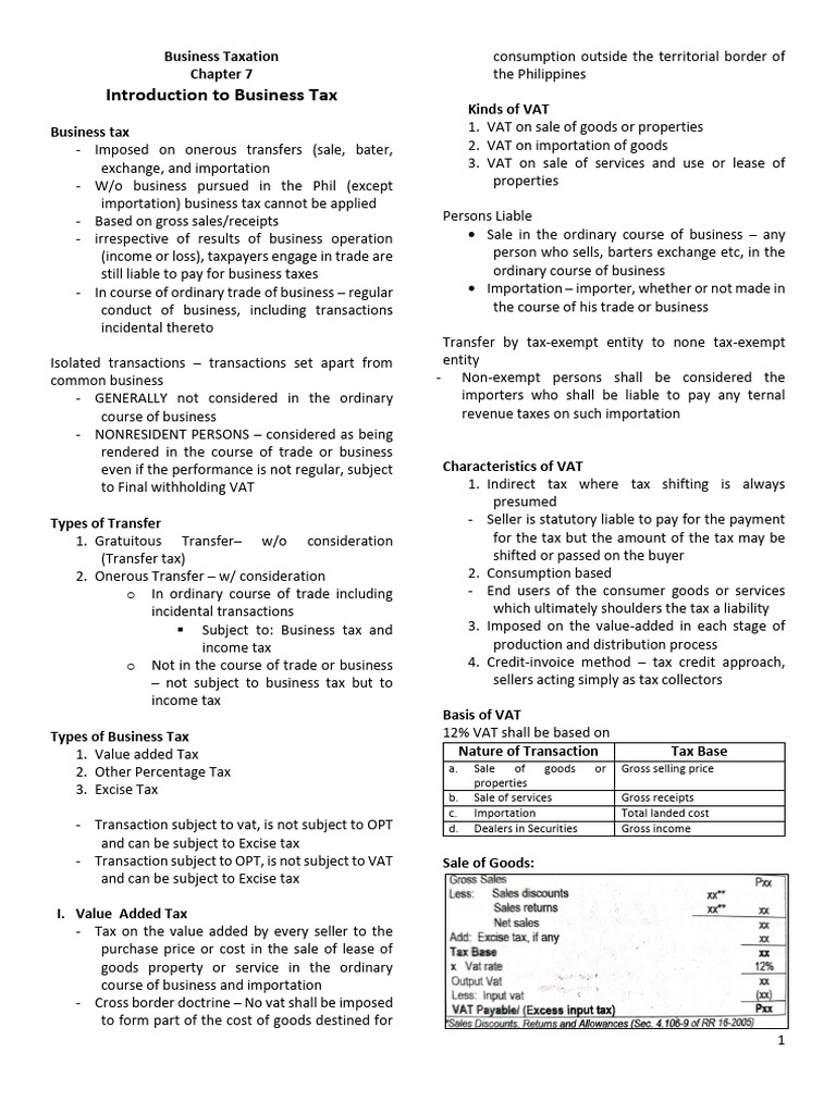 Business Tax Chapter 7 Reviewer | PDF | Value Added Tax | Taxes