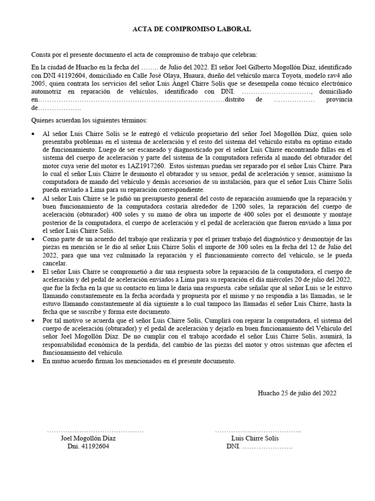 Acta de Compromiso Laboral | PDF