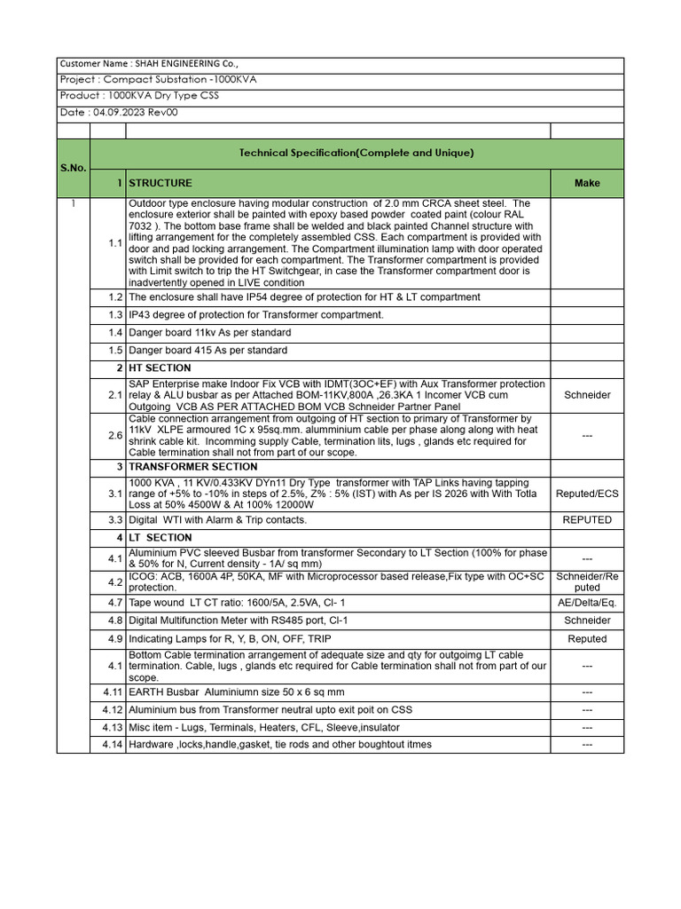 1000KVA Dry Type Substation Details | PDF | Transformer | Electrical ...