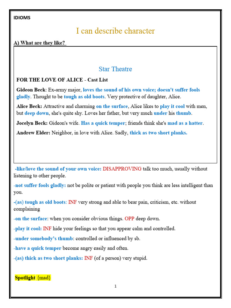 I Can Describe Character (Idioms) | PDF