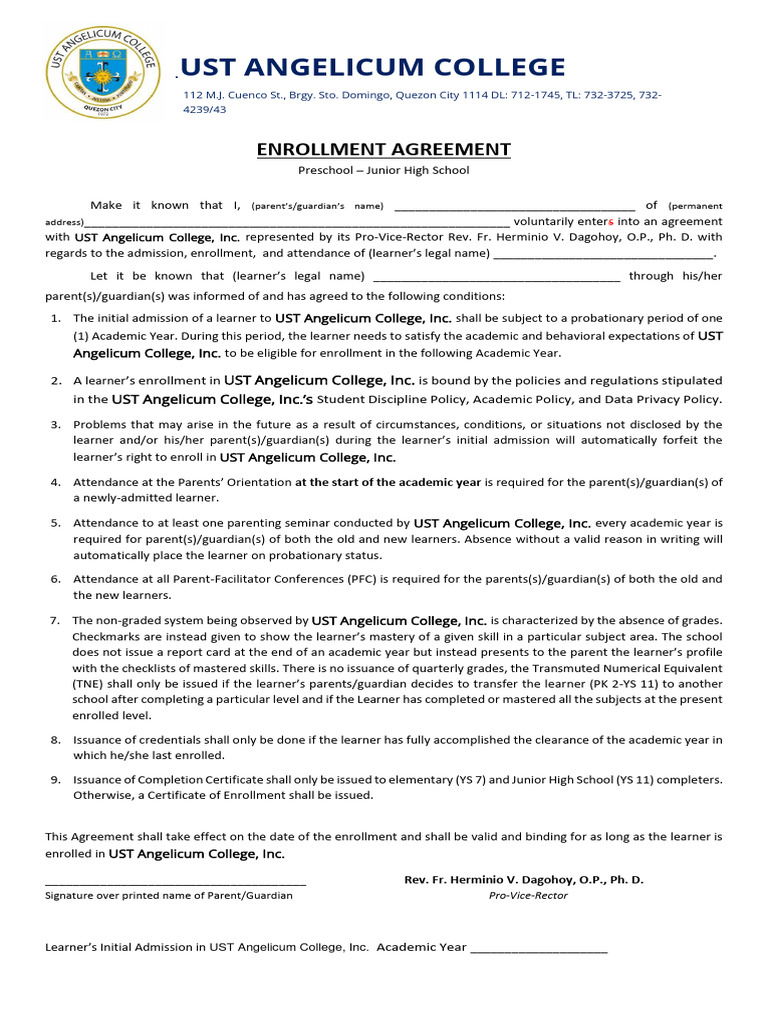 UST Angelicum College Enrollment Agreement | PDF | Wellness