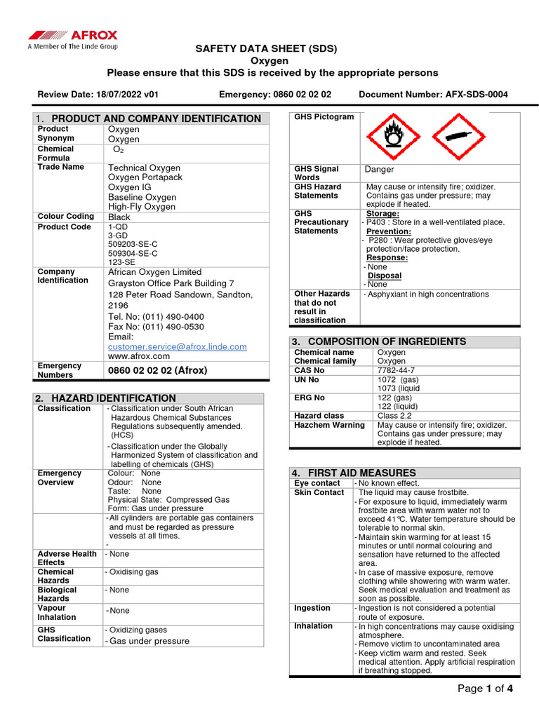 AFX-SDS-0004 Oxygen Safety Data Sheet July 2022 | PDF | Dangerous Goods | Personal Protective ...