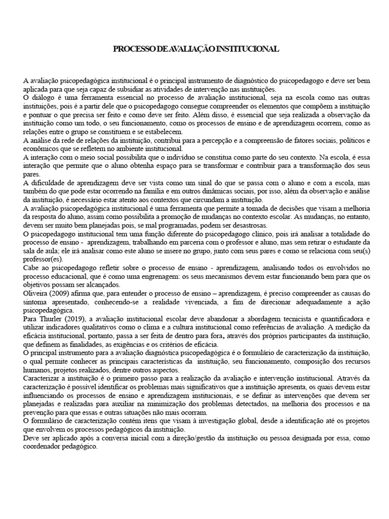 Processo de Avaliação Institucional | PDF | Aprendizado | Pedagogia