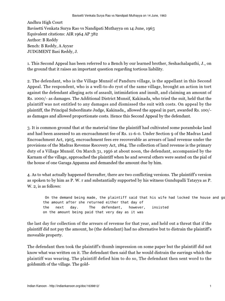 Bavisetti Venkata Surya Rao Vs Nandipati Muthayya On 14 June 1963 | PDF | Assault | Tort