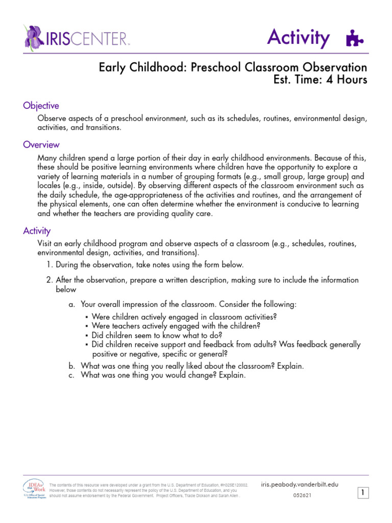 Preschool Classroom Observation Guide | PDF | Classroom | Preschool