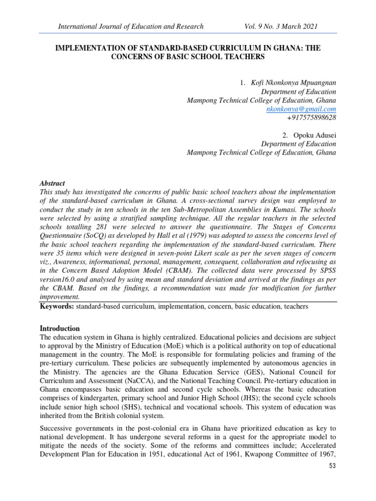 Implementation Of Standard Based Curriculum In Ghana The Concerns Of