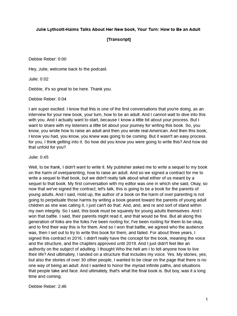 Julie Lythcott Haims Talks About Her New Book Your Turn How To Be An Adult Transcript | PDF ...